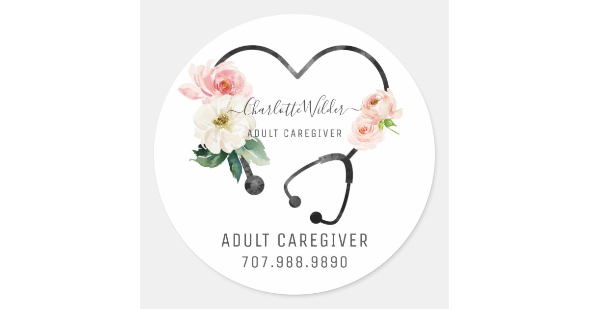 Nurse Caregiver Floral Stethoscope Promotional Classic Round Sticker ...