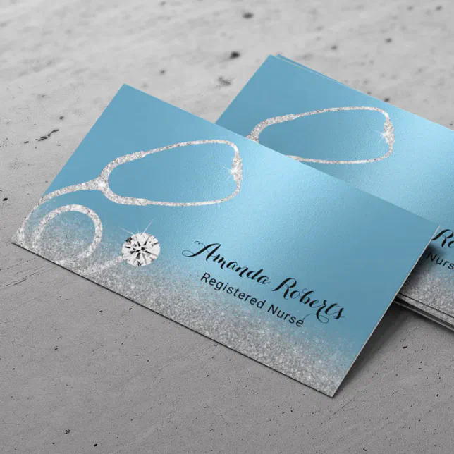 Nurse Caregiver Modern Glitter Light Blue Medical Business Card | Zazzle