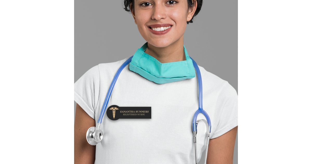 Nurse Doctor Caduceus Gold Medical RN Name Tag | Zazzle