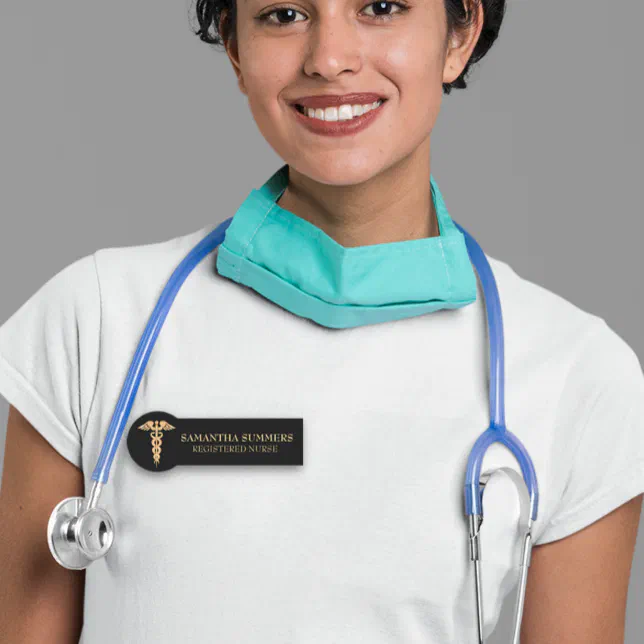 Nurse Doctor Caduceus Gold Medical RN Name Tag | Zazzle