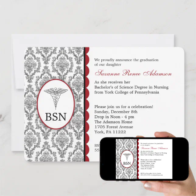Nurse Graduation BSN RN black burgundy damask Invitation | Zazzle