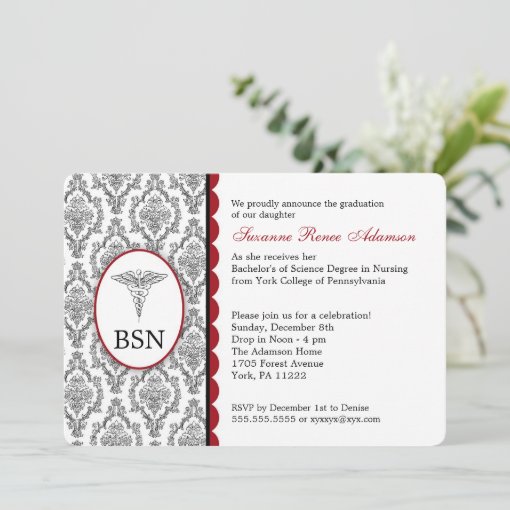 Nurse Graduation BSN RN black burgundy damask Invitation | Zazzle