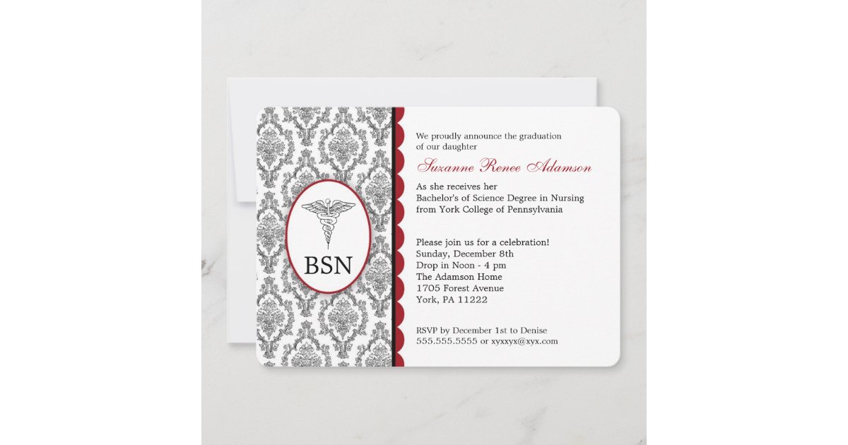 Nurse Graduation BSN RN black burgundy damask Invitation | Zazzle