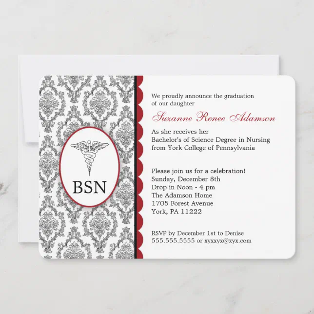 Nurse Graduation BSN RN black burgundy damask Invitation | Zazzle