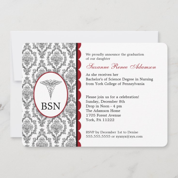 Nurse Graduation BSN RN black burgundy damask Invitation | Zazzle