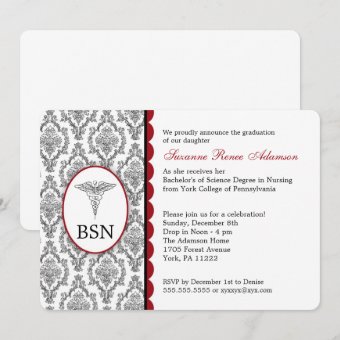 Nurse Graduation BSN RN black burgundy damask Invitation | Zazzle