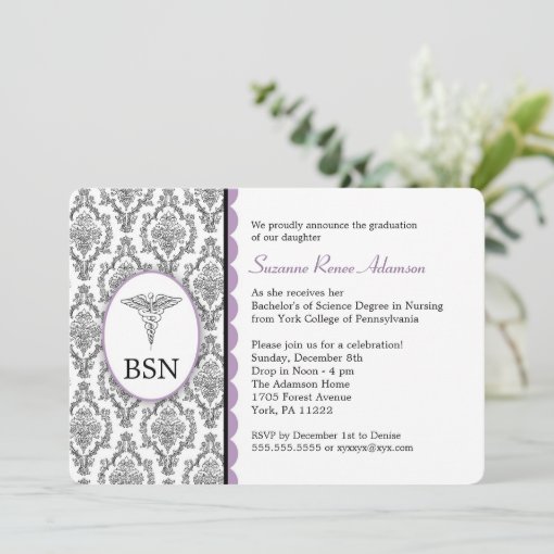 Nurse Graduation BSN RN black lavender damask Invitation | Zazzle