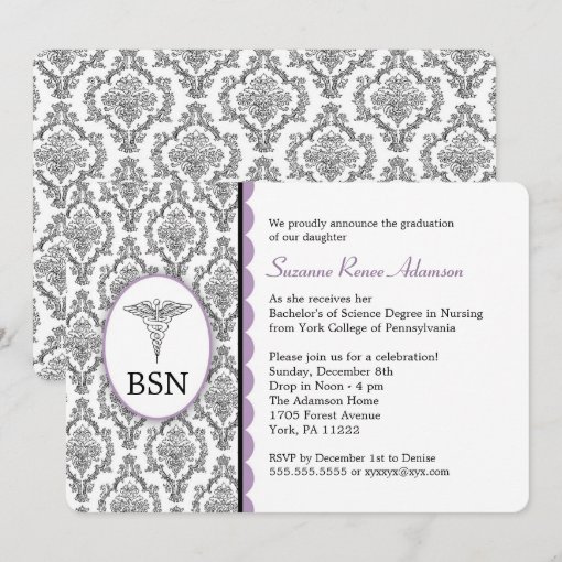 Nurse Graduation BSN RN black lavender damask Invitation | Zazzle