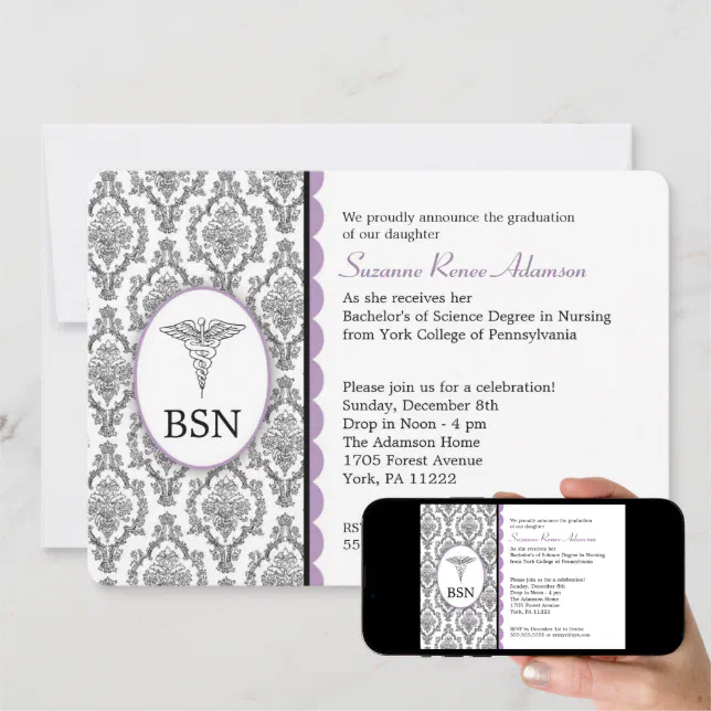 Nurse Graduation BSN RN black lavender damask Invitation | Zazzle