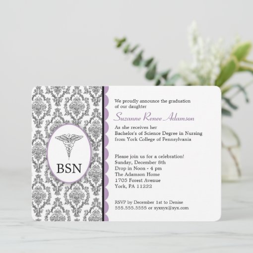 Nurse Graduation BSN RN black lavender damask Invitation | Zazzle