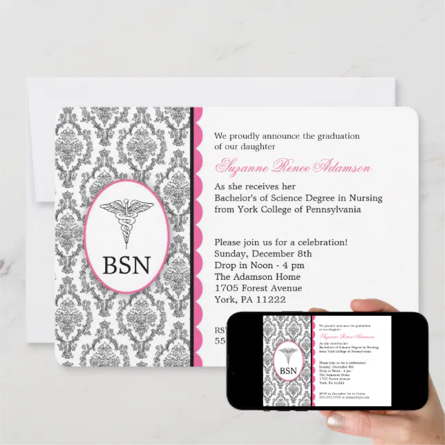 Nurse Graduation BSN RN CUSTOMIZABLE black pink Invitation | Zazzle