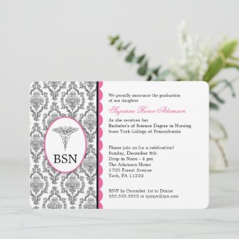 Nurse Graduation BSN RN CUSTOMIZABLE black pink Invitation | Zazzle