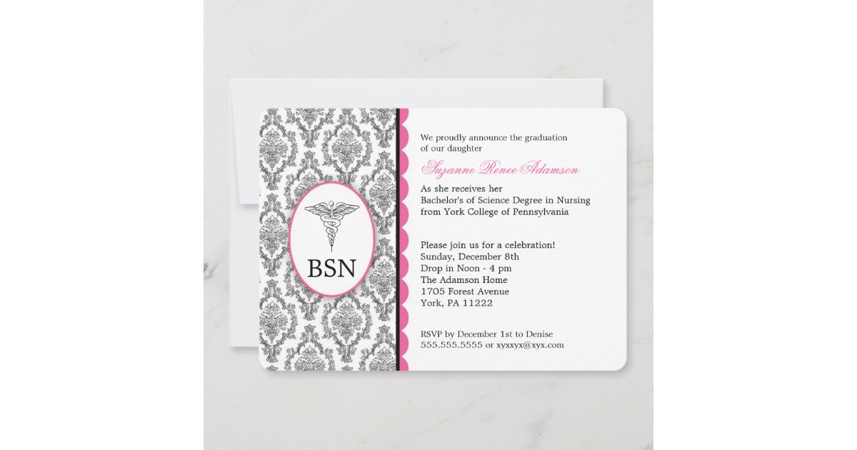 Nurse Graduation BSN RN CUSTOMIZABLE black pink Invitation | Zazzle