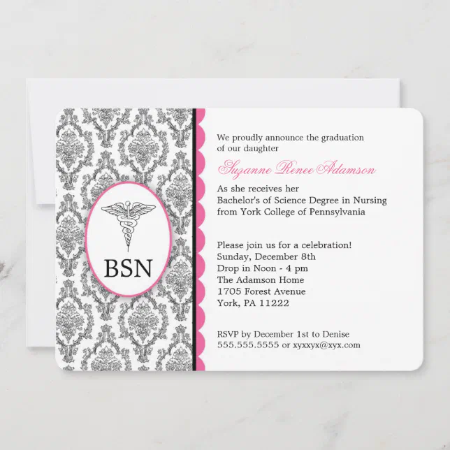 Nurse Graduation BSN RN CUSTOMIZABLE black pink Invitation | Zazzle
