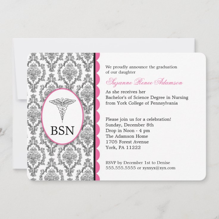 Nurse Graduation BSN RN CUSTOMIZABLE black pink Invitation | Zazzle