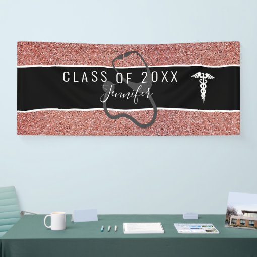 Nurse Graduation Caduceus Rose Gold Glitter Banner | Zazzle