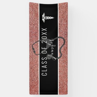 Nurse Graduation Caduceus Rose Gold Glitter Banner | Zazzle