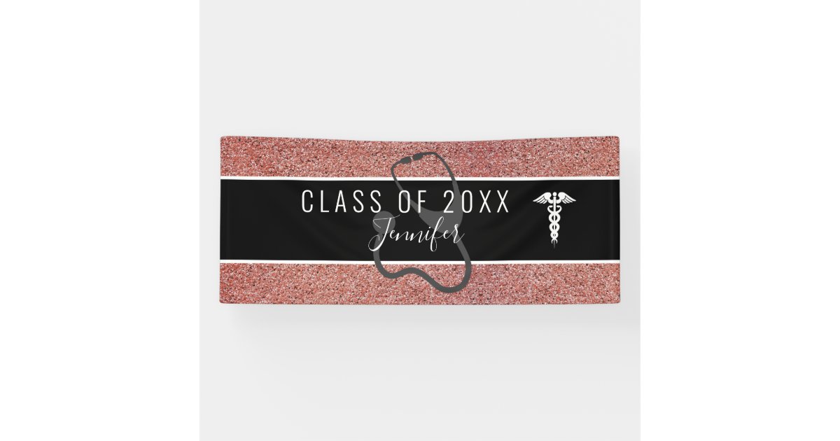Nurse Graduation Caduceus Rose Gold Glitter Banner | Zazzle