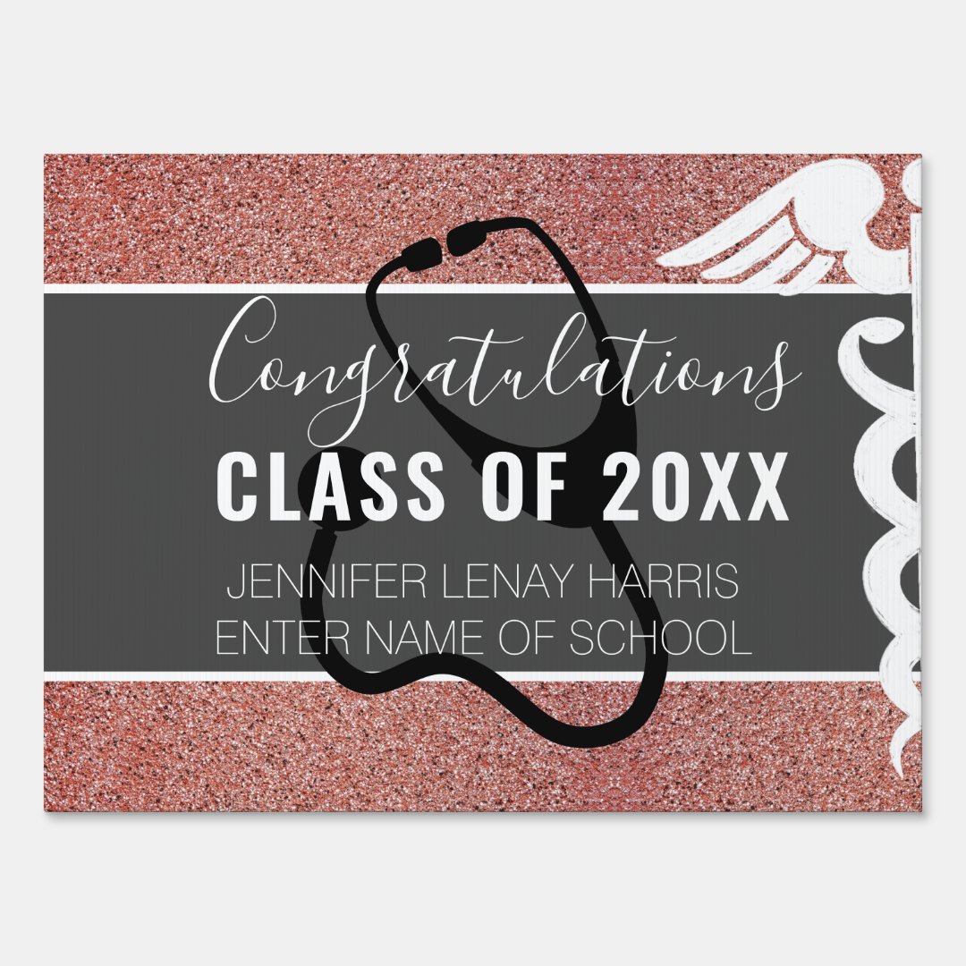 Nurse Graduation Caduceus Rose Gold Glitter Custom Sign | Zazzle