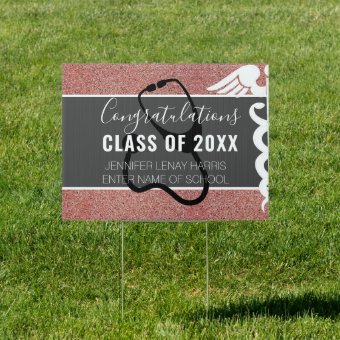 Nurse Graduation Caduceus Rose Gold Glitter Custom Sign | Zazzle