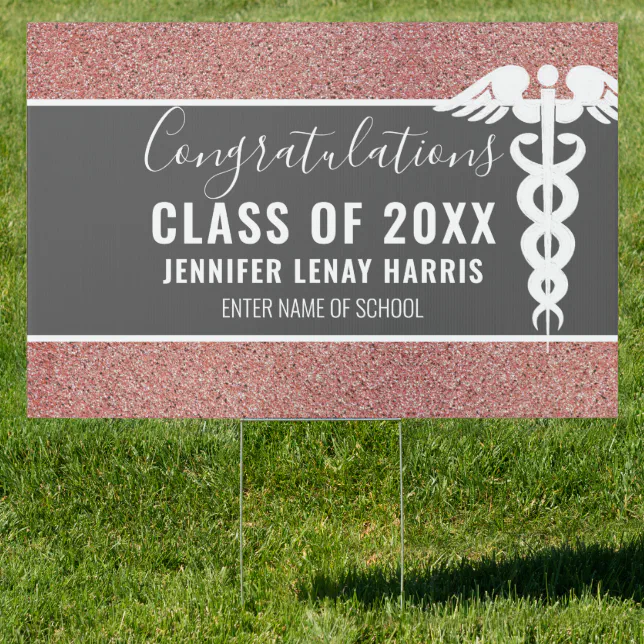 Nurse Graduation Caduceus Rose Gold Glitter Yard Sign | Zazzle
