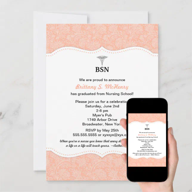 Nurse graduation coral damask BSN RN LPN CNA etc Invitation | Zazzle