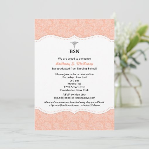Nurse graduation coral damask BSN RN LPN CNA etc Invitation | Zazzle