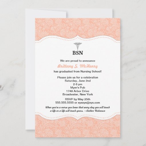 Nurse graduation coral damask BSN RN LPN CNA etc Invitation | Zazzle