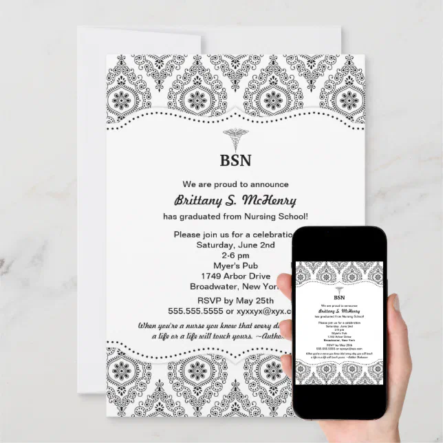 Nurse graduation modern damask BSN RN LPN CNA etc Invitation | Zazzle