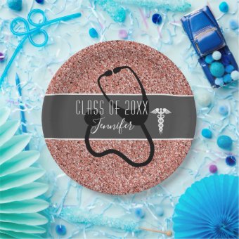 Nurse Graduation Party Caduceus Rose Gold Glitter Paper Plates | Zazzle