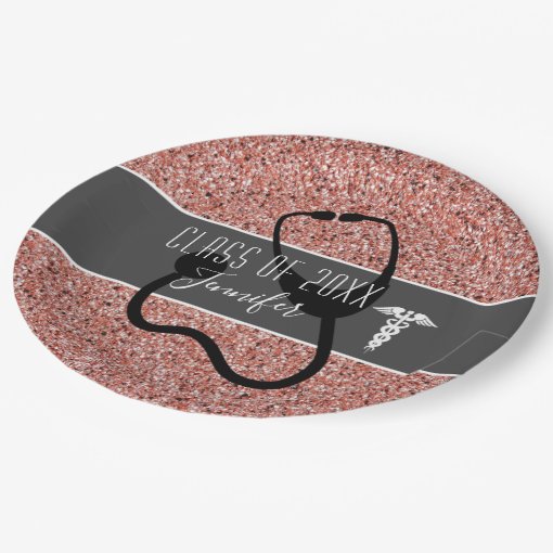 Nurse Graduation Party Caduceus Rose Gold Glitter Paper Plates | Zazzle