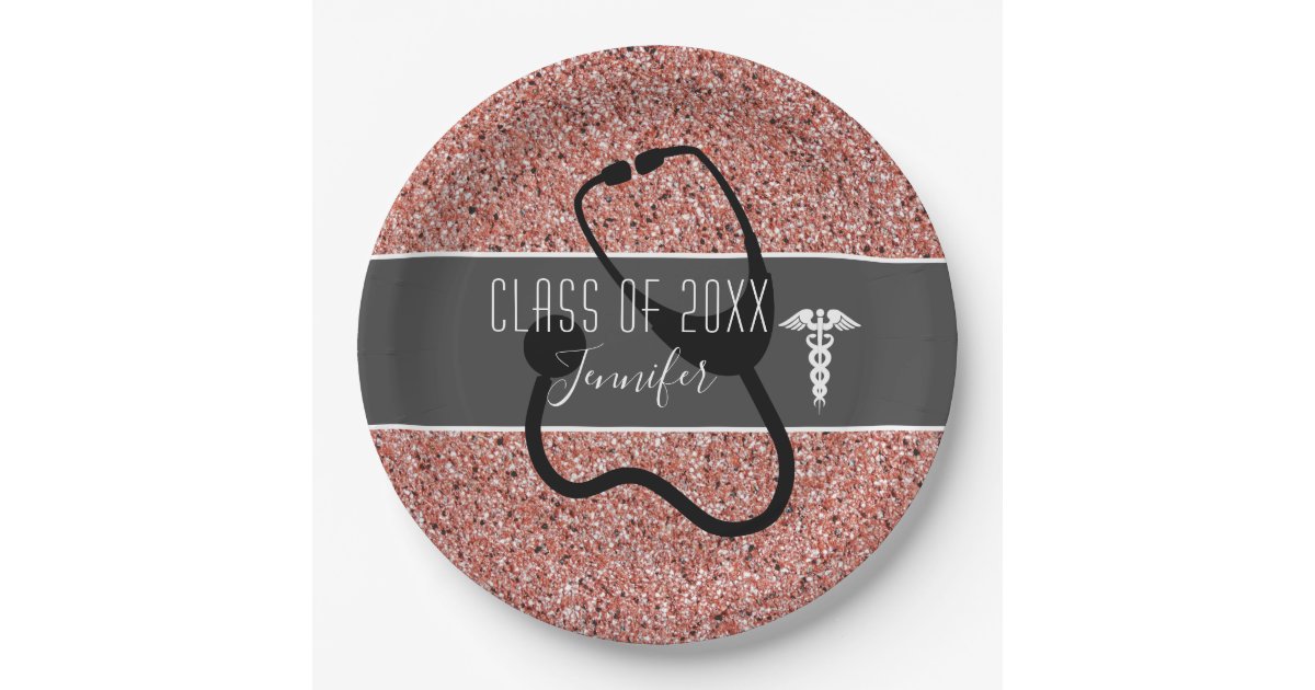 Nurse Graduation Party Caduceus Rose Gold Glitter Paper Plates | Zazzle