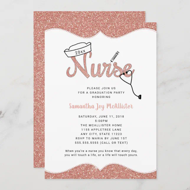 Nurse graduation party, rose gold glitter invites | Zazzle