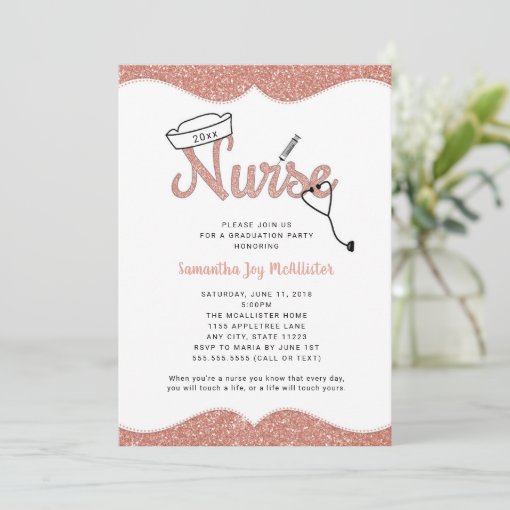 Nurse graduation party, rose gold glitter invites | Zazzle