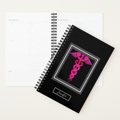 Nurse Medical Black Pink Caduceus Symbol Name Planner | Zazzle
