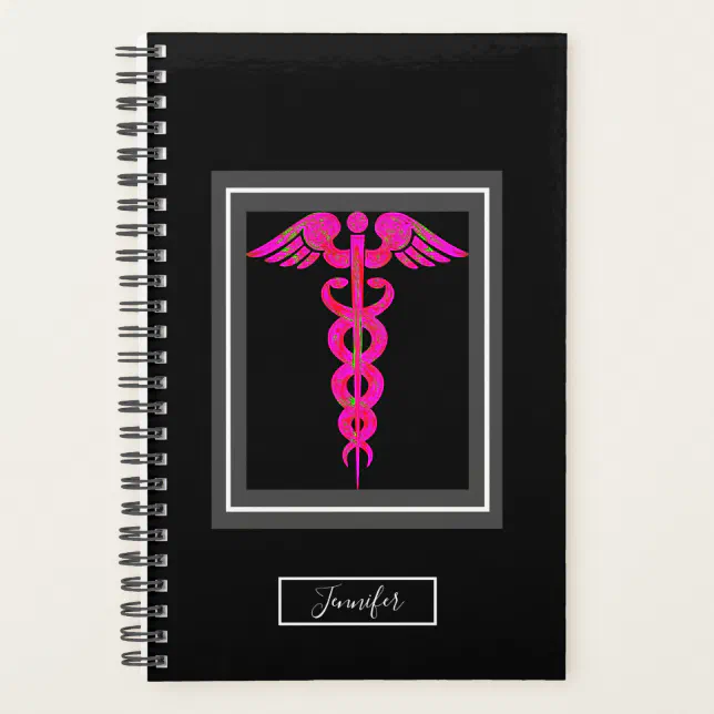 Nurse Medical Black Pink Caduceus Symbol Name Planner | Zazzle