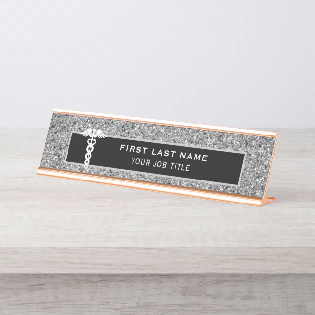 Nurse Medical Caduceus Black Silver Glitter Desk Name Plate | Zazzle