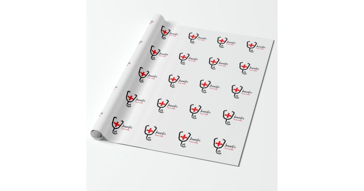 Nurse medical doctor red plus stethoscope add name wrapping paper | Zazzle
