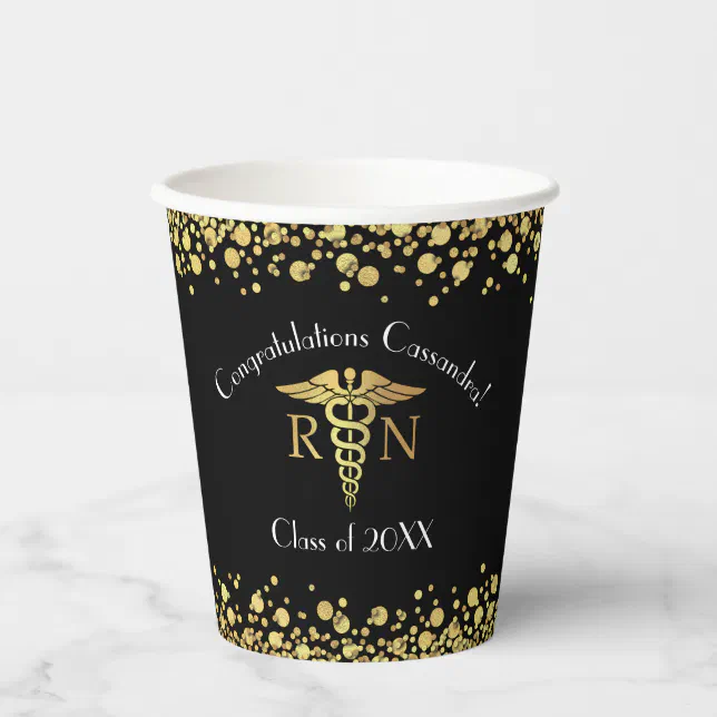 Nurse Nursing School Graduation Party Black Gold Paper Cups | Zazzle