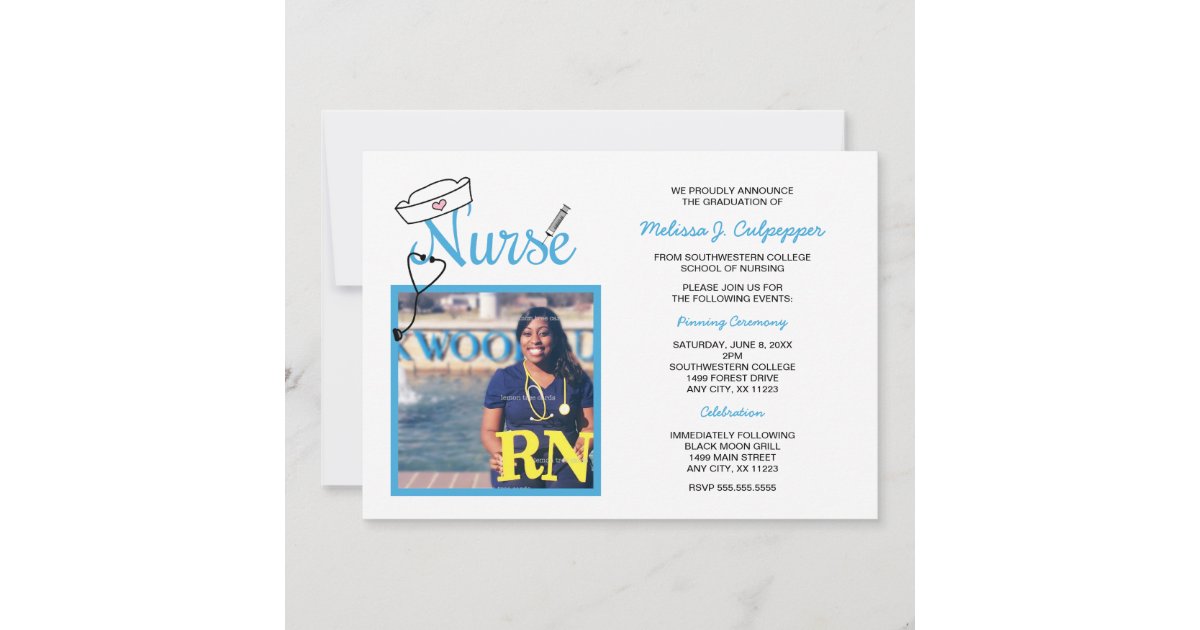 Nurse photo graduation pinning invites / blue | Zazzle