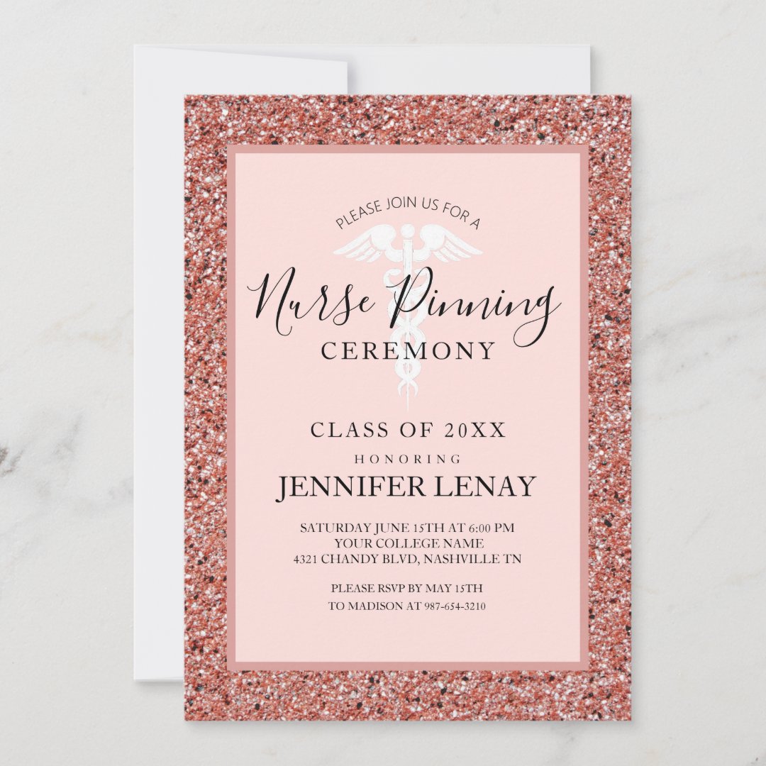 Nurse Pinning Ceremony Rose Gold Glitter Caduceus Invitation | Zazzle