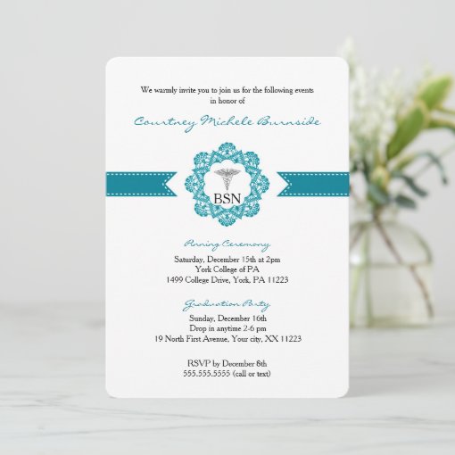 Nurse pinning or graduation party RN BSN teal Invitation | Zazzle