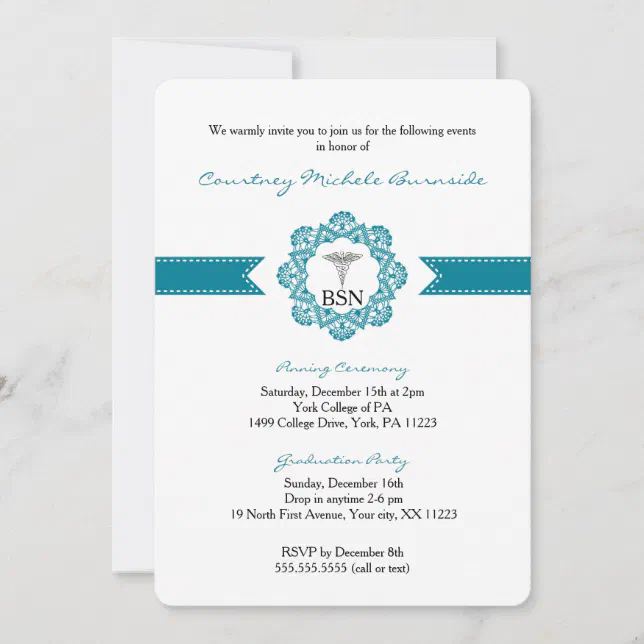 Nurse pinning or graduation party RN BSN teal Invitation | Zazzle