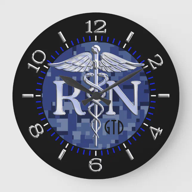 Nurse RN Caduceus Monogram Dial Style on Blue Camo Large Clock | Zazzle