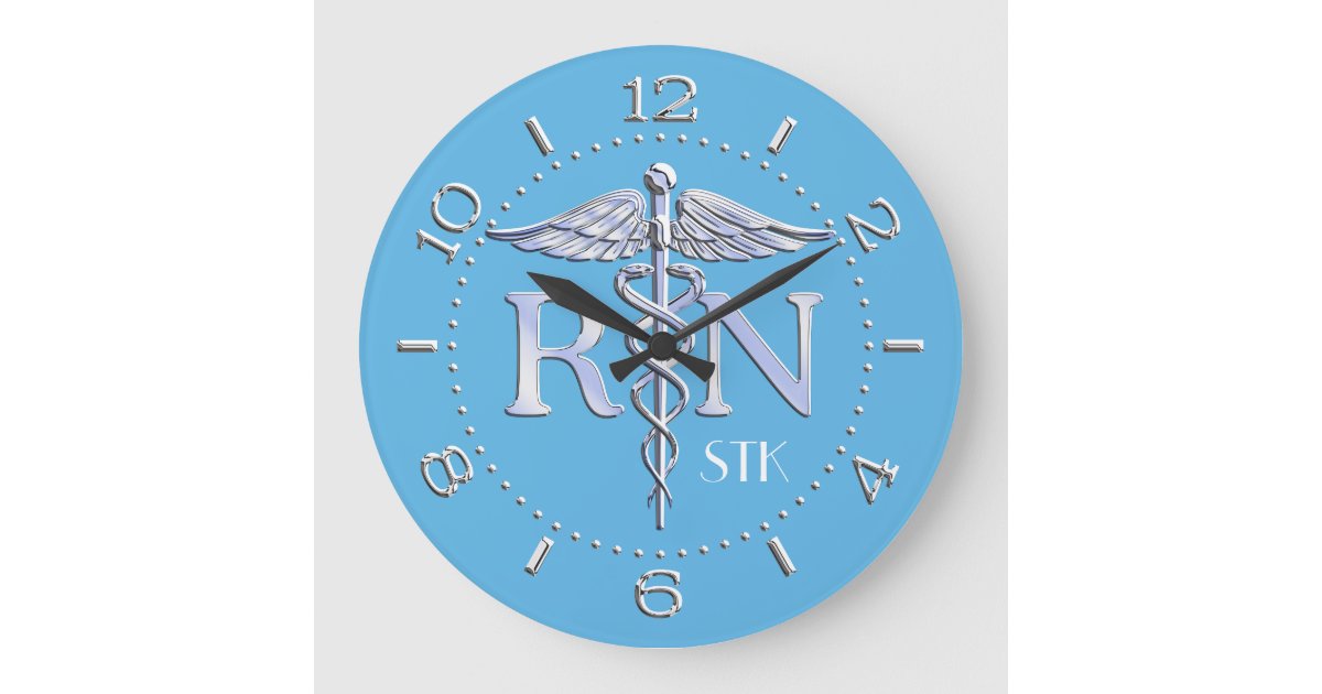 Nurse RN Caduceus Monogram Dial Style on Blue Large Clock | Zazzle