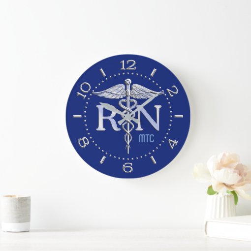 Nurse RN Caduceus Monogram Dial Style on Blue Large Clock | Zazzle