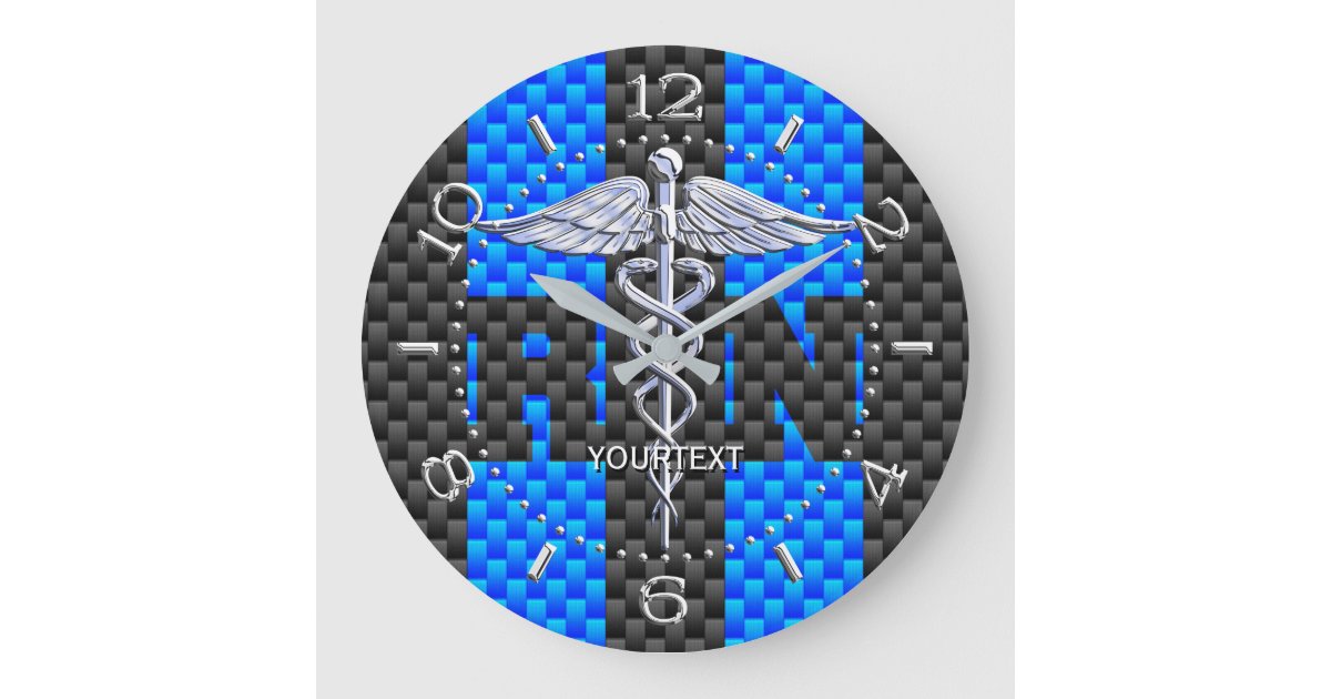 Nurse RN Caduceus Personalized Style Blue Carbon Large Clock | Zazzle