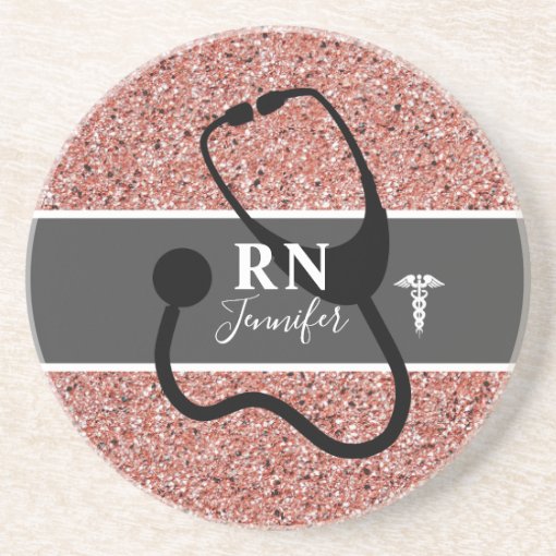 Nurse RN Rose Gold Glitter Personalized Coaster | Zazzle