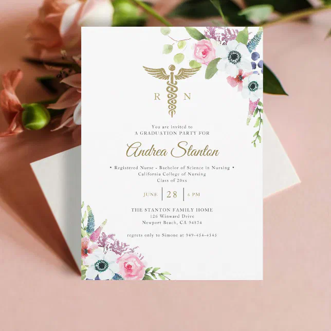 Nurse School Graduation Caduceum Floral Modern Invitation | Zazzle