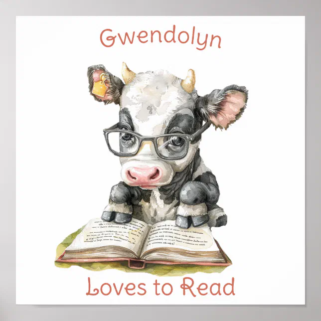 Nursery Art Poster Cow Reading a Book Personalize | Zazzle